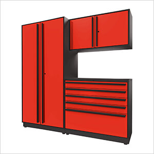 4-Piece Glossy Red Cabinet Set with Black Handles and Powder Coated Worktop