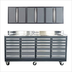 24-Drawer 7-Foot Heavy Duty Workbench with Casters and Wall Cabinets